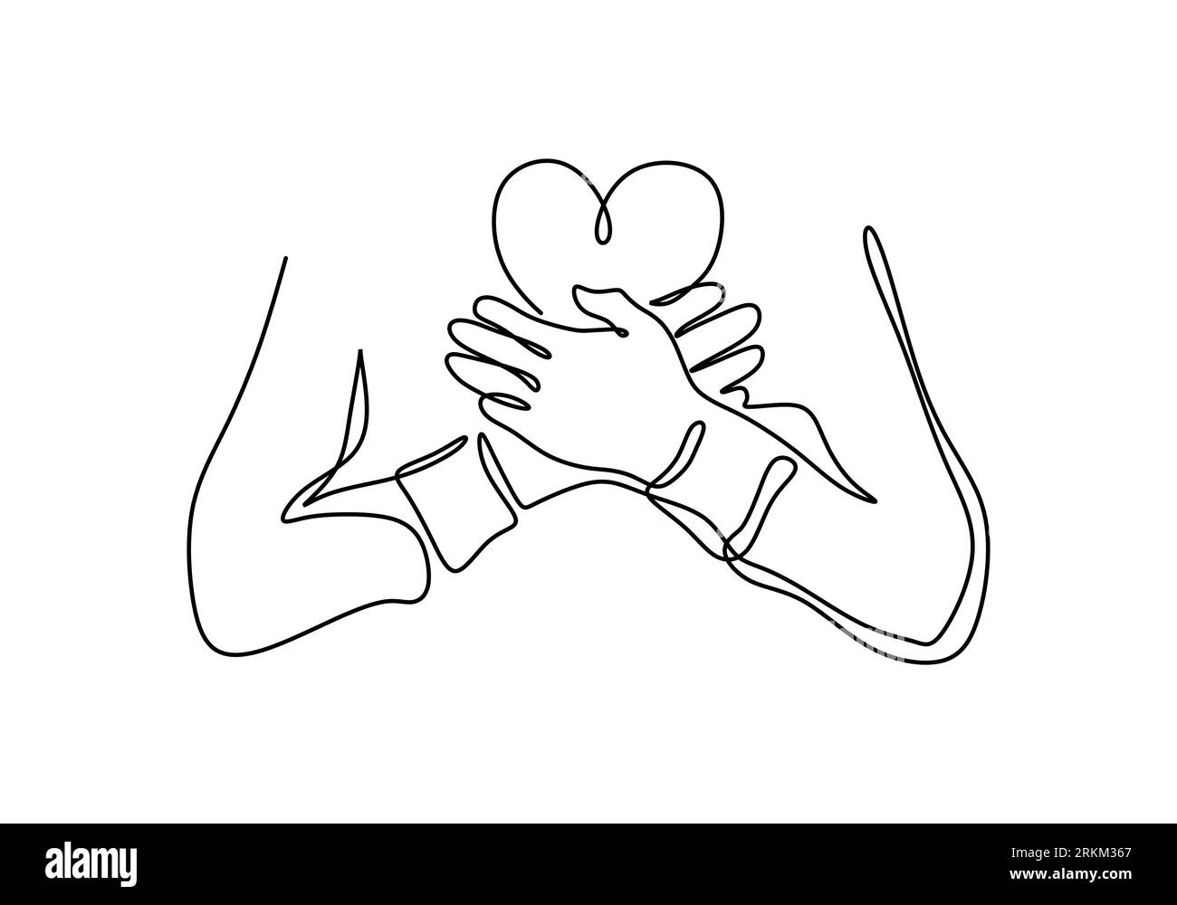 Continuous one line drawing of crossing hand on chest with heart shaped object. Hand hugging ...