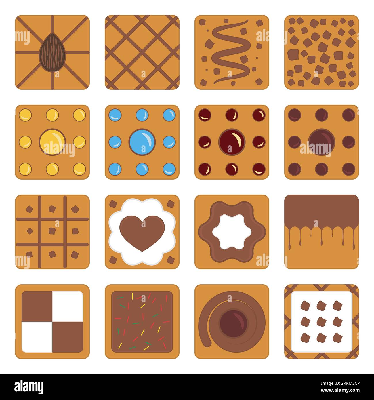 Set of square cookies with caramel, chocolate, nuts and various ...