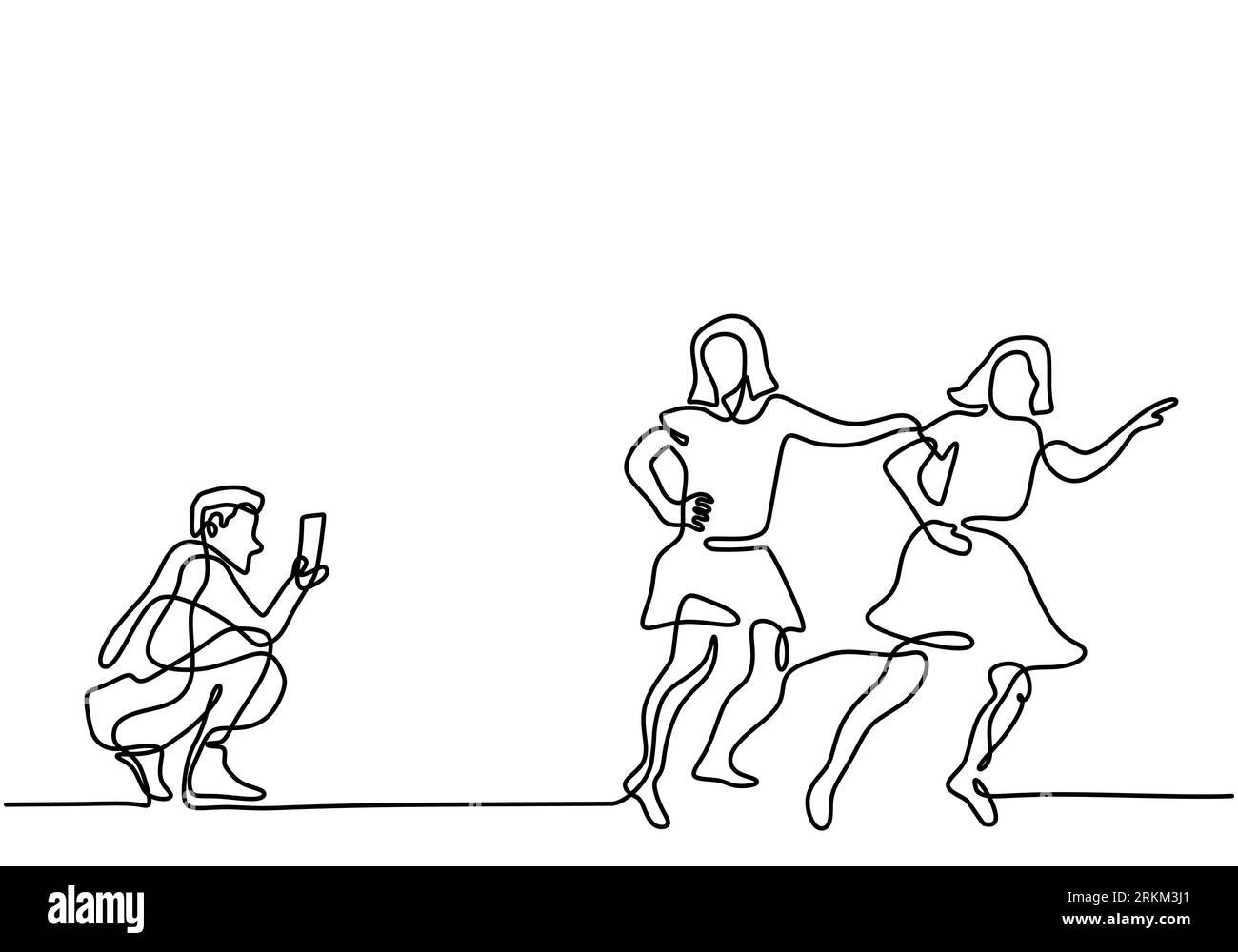 One continuous line drawing of man taking photo a woman with smartphone ...