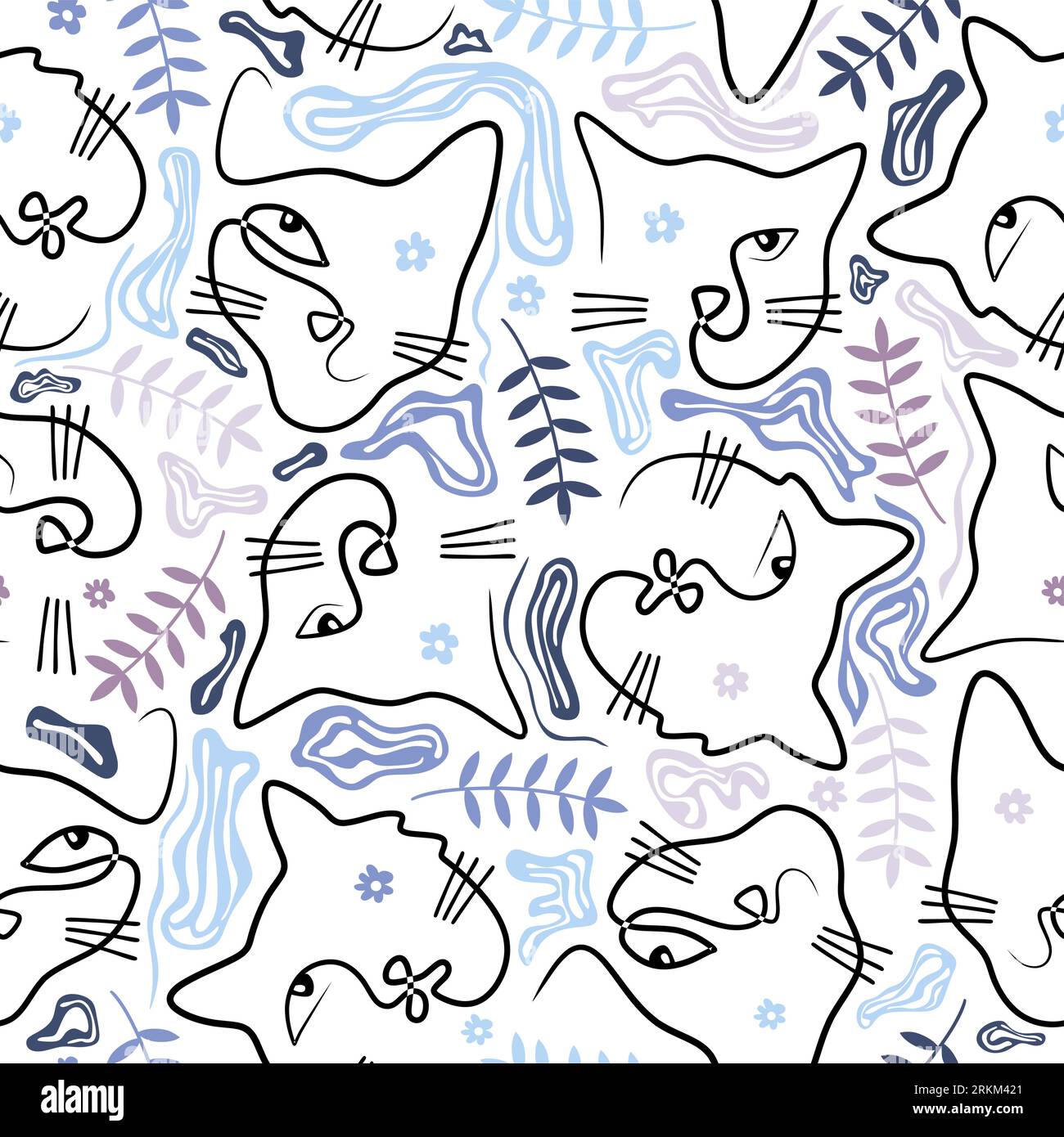 Continuous one single line of cute cat faces and floral seamless ...