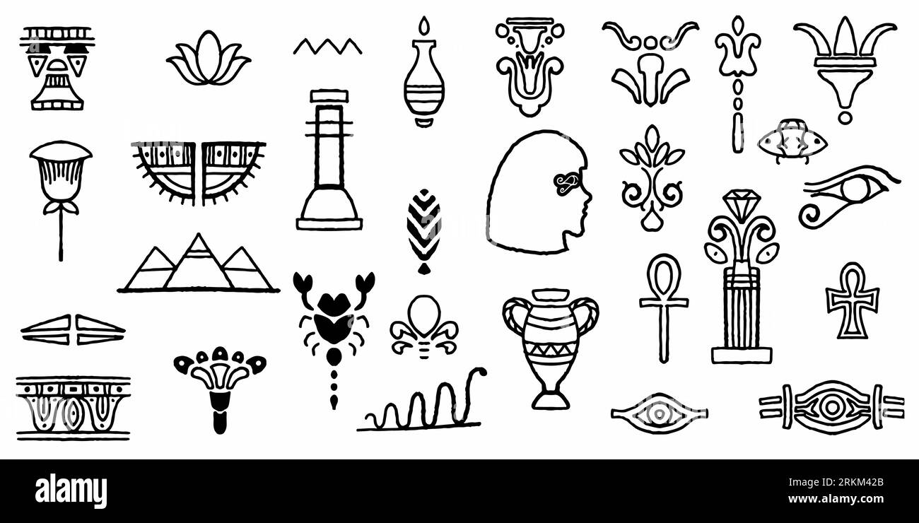 Set of hand drawn egyptian maya ancient symbol isolated on white ...