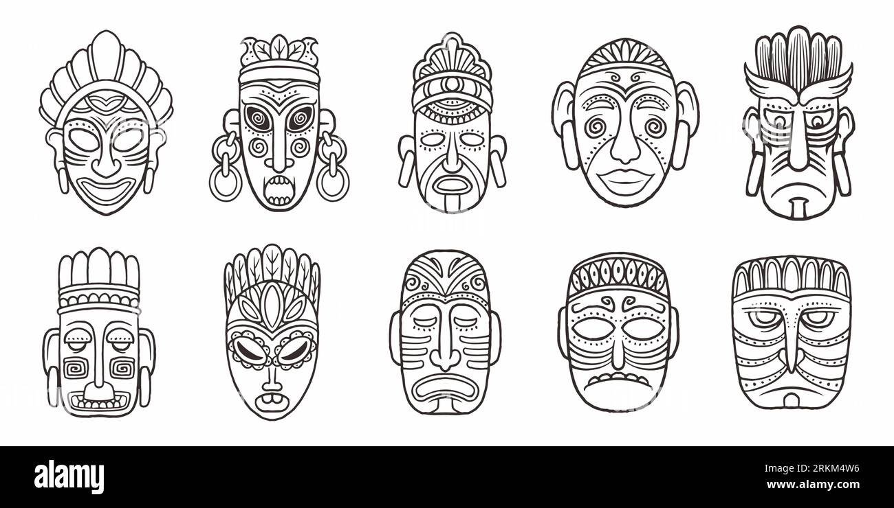 Set of hand drawn maya faces symbols isolated on white background Stock ...