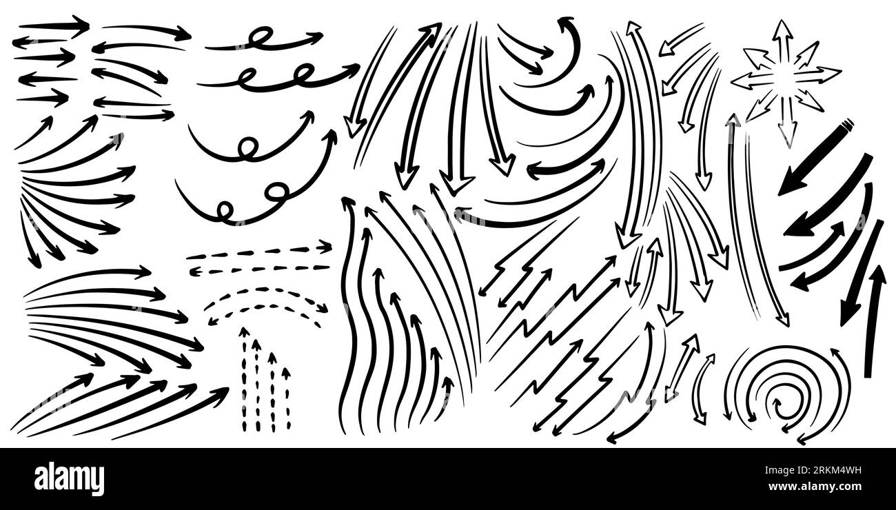 Set of vector curved arrows hand drawn. Sketch doodle style isolated on white background ...