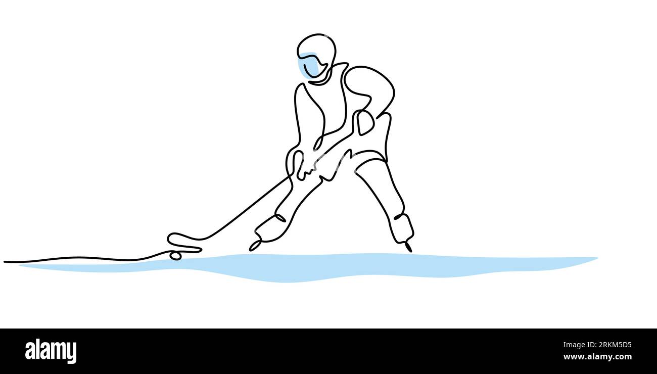 Continuous one line of a man playing hokey isolated on white background ...