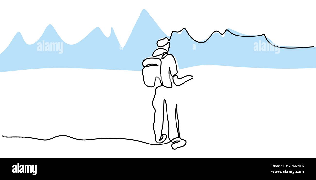 Continuous one line of a man hiking on ice mountain isolated on white ...