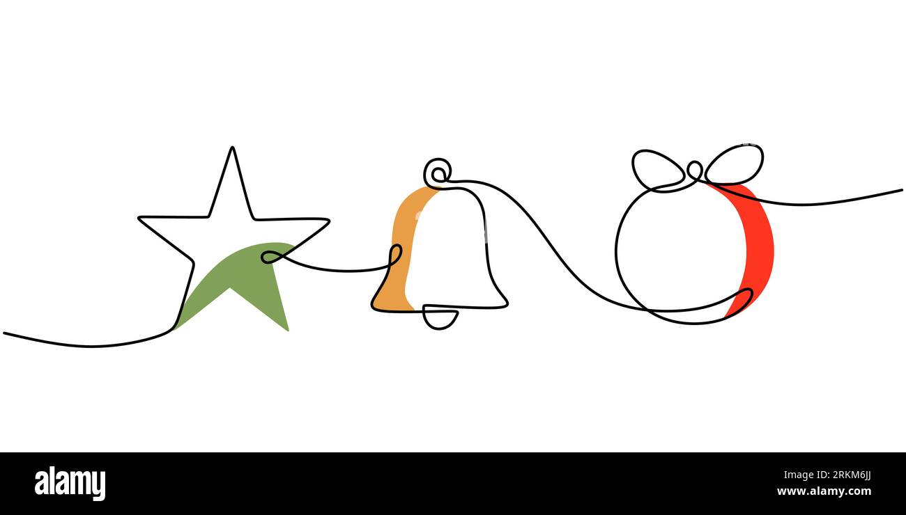 Continuous one single line of hanging star, bell and ball for christmas ...