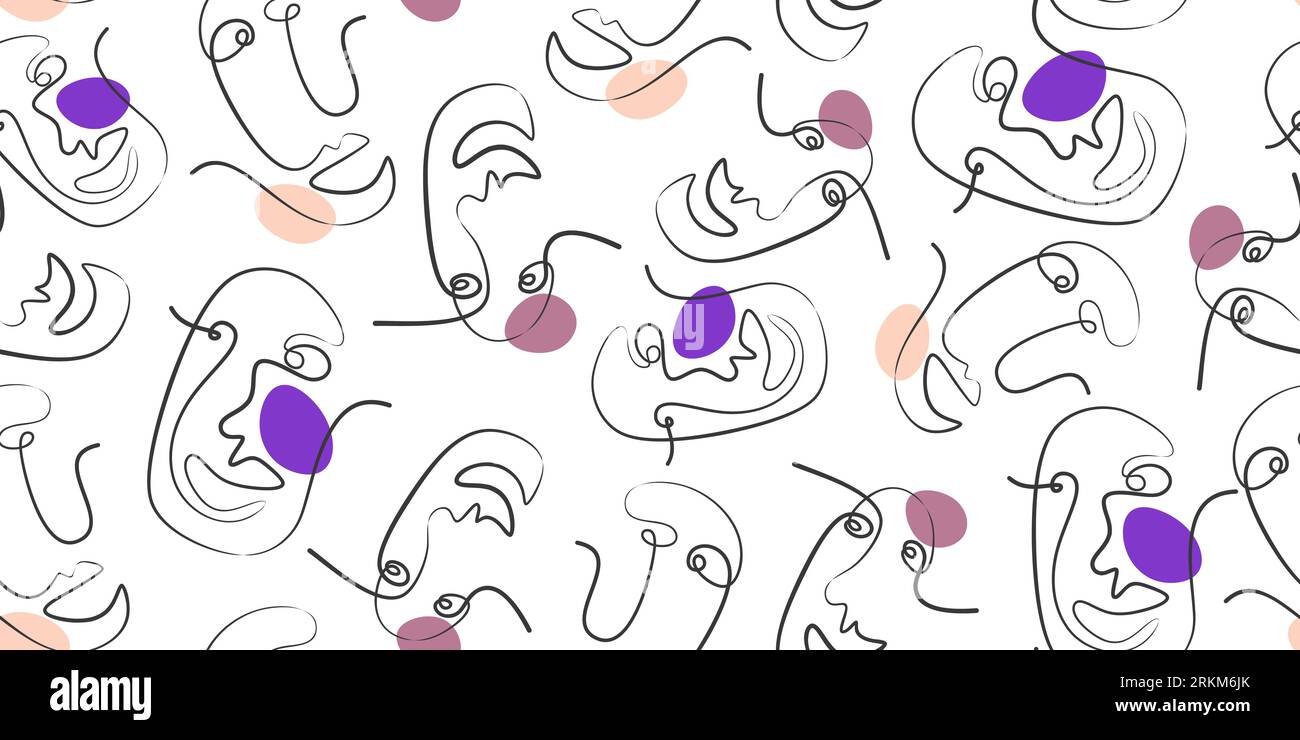 Abstract one line drawing face masks. Outline background with female ...