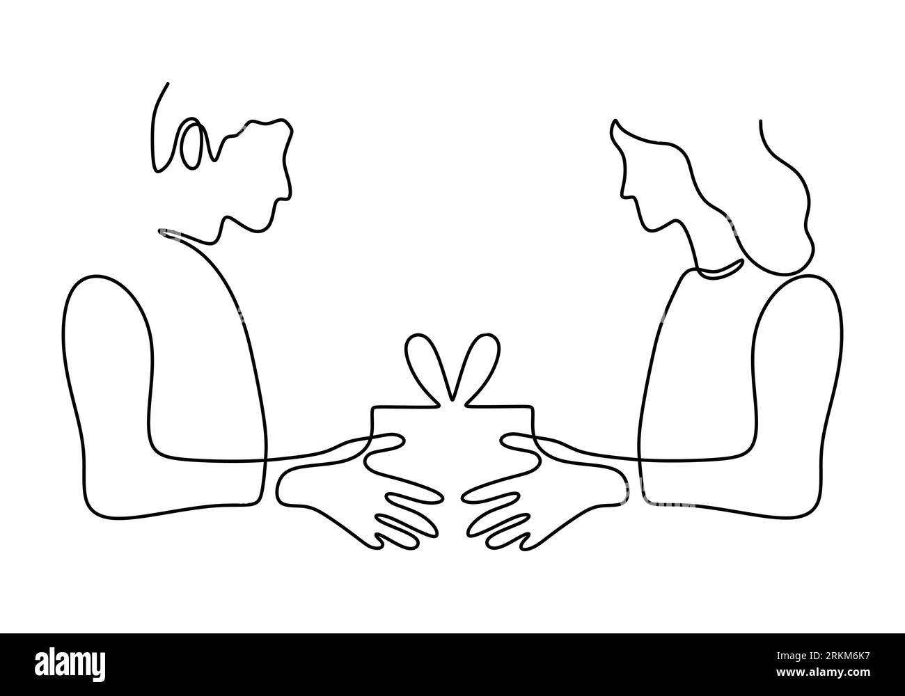 couple in love one line drawing, giving gift present with ribbon. Love ...