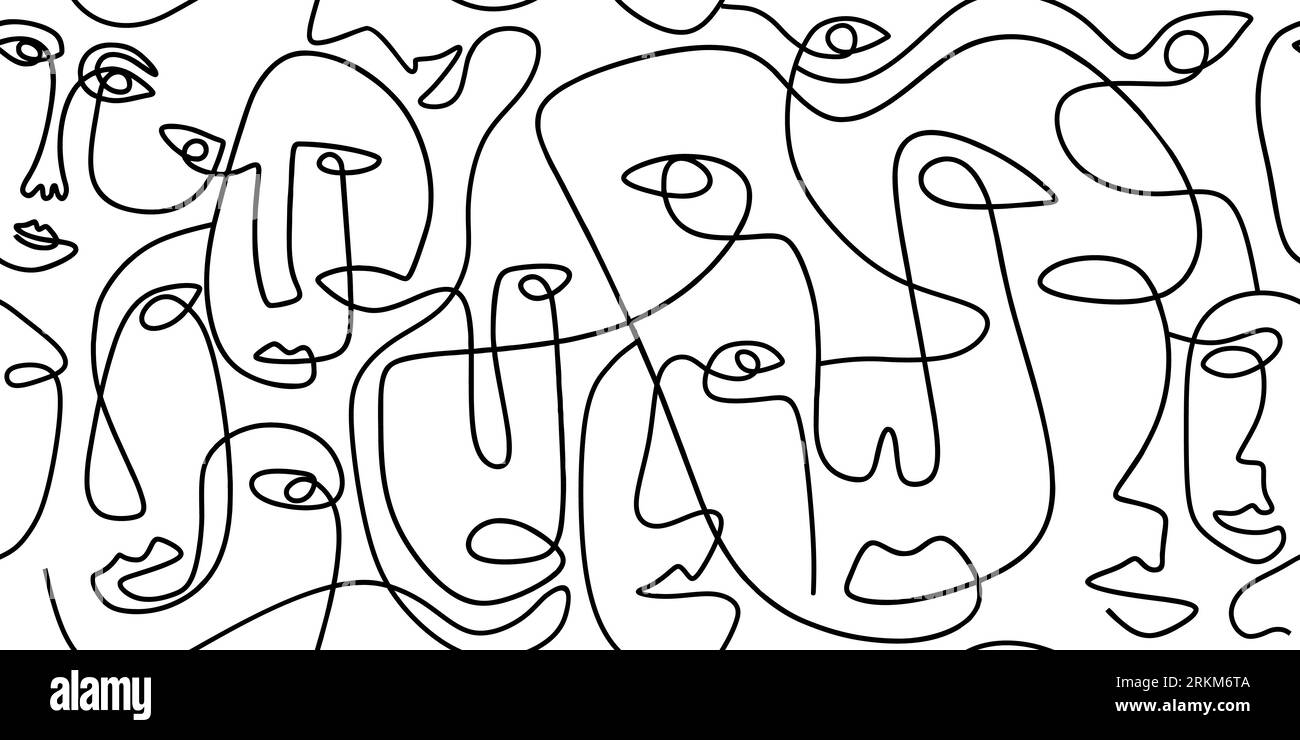 Continuous line drawing of abstract faces modern fashionable pattern ...