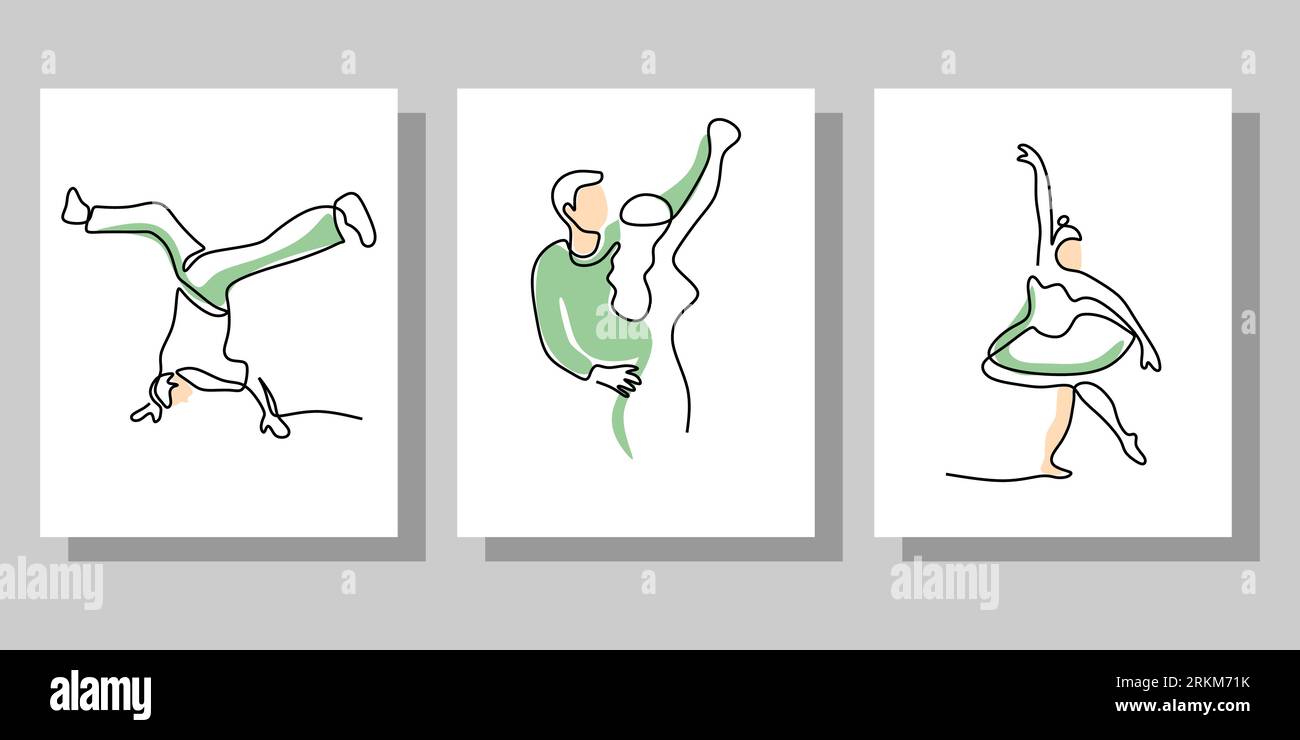 Continuous one single line of three people dancing poster for wallpaper ...