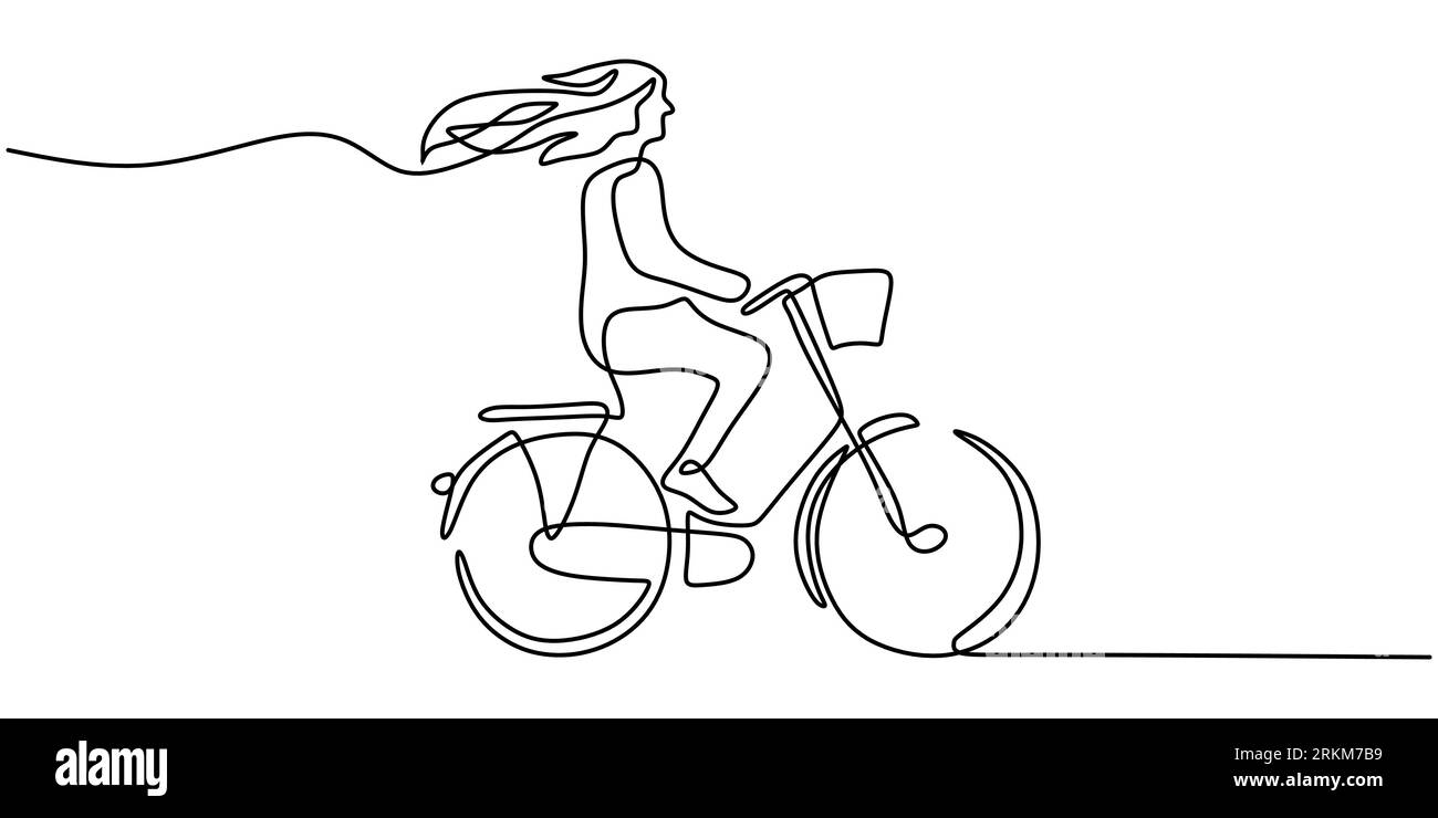 Continuous one single line of girl riding bicycle isolated on white ...