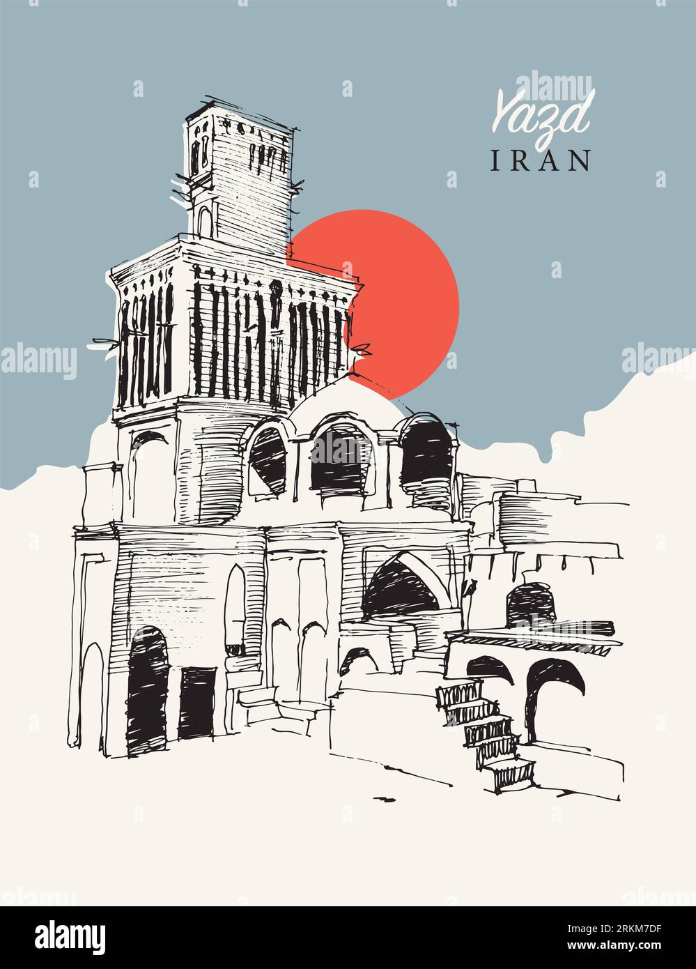 Vector hand drawn sketch illustration of Yazd city in Iran, famous for ...