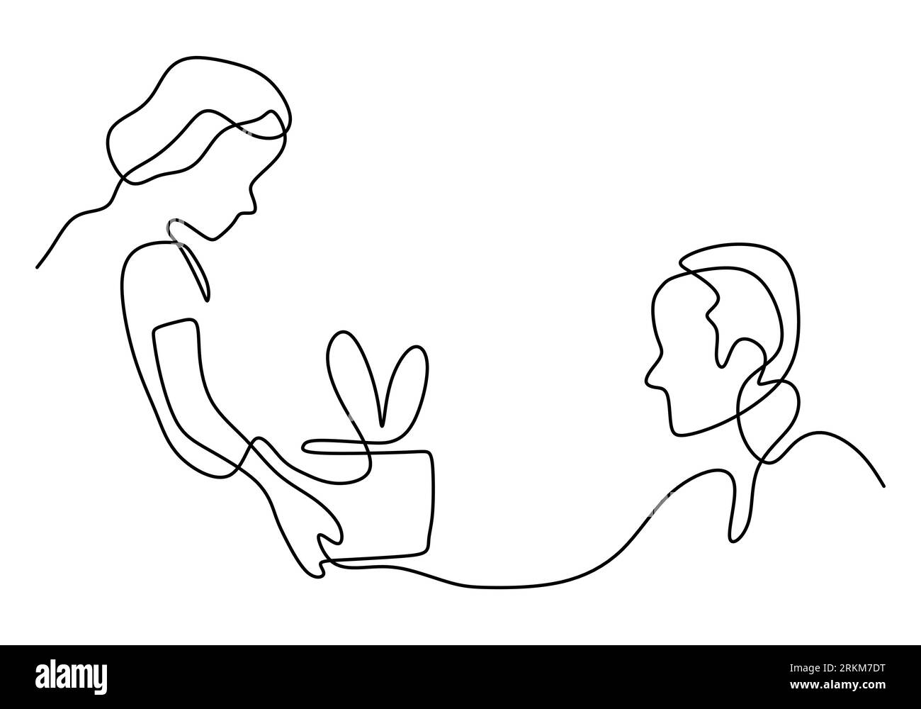 line drawing of man give a gift to woman. Present box concept of act of ...