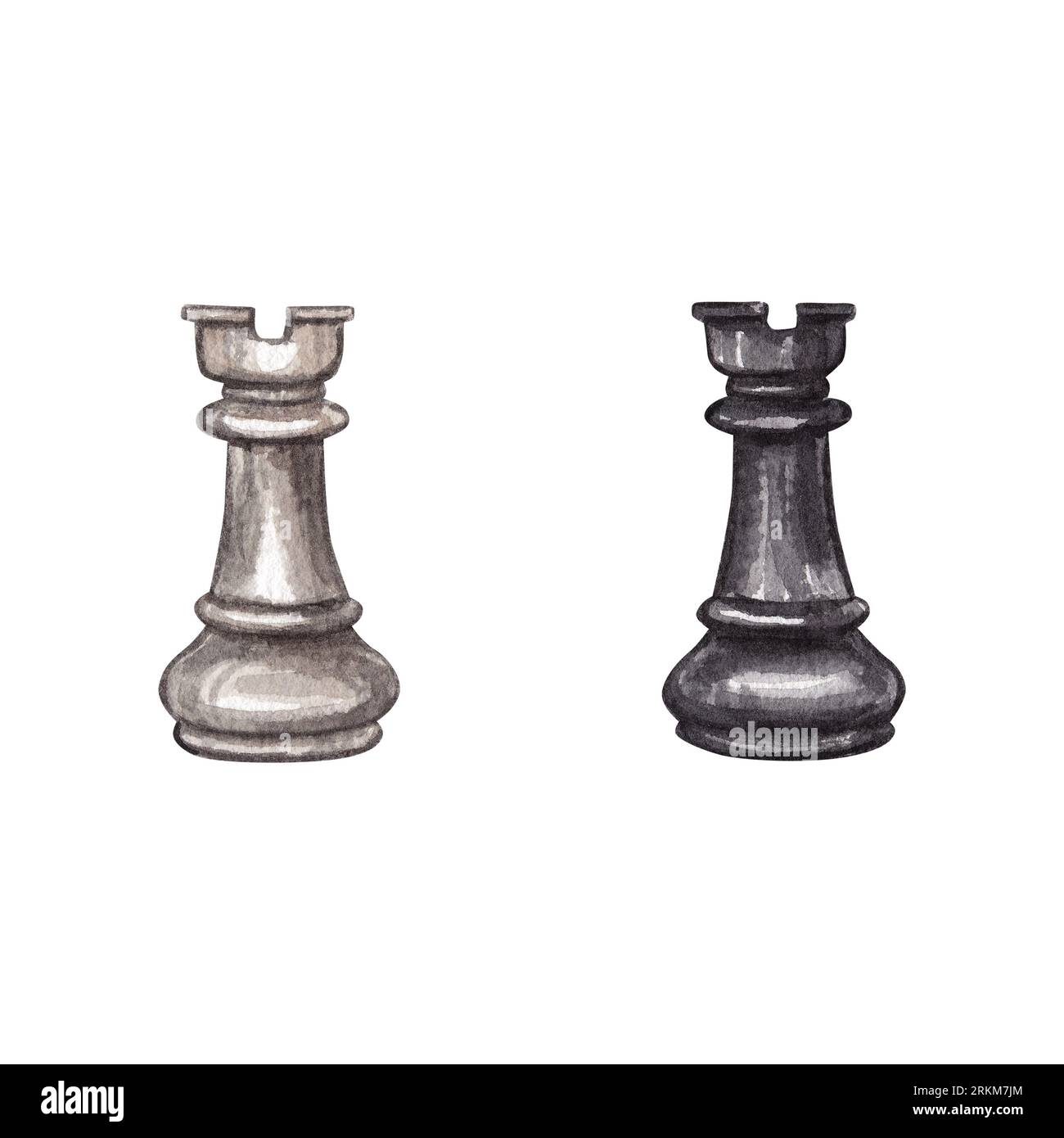 Chess pieces black and white rook isolated on white background ...