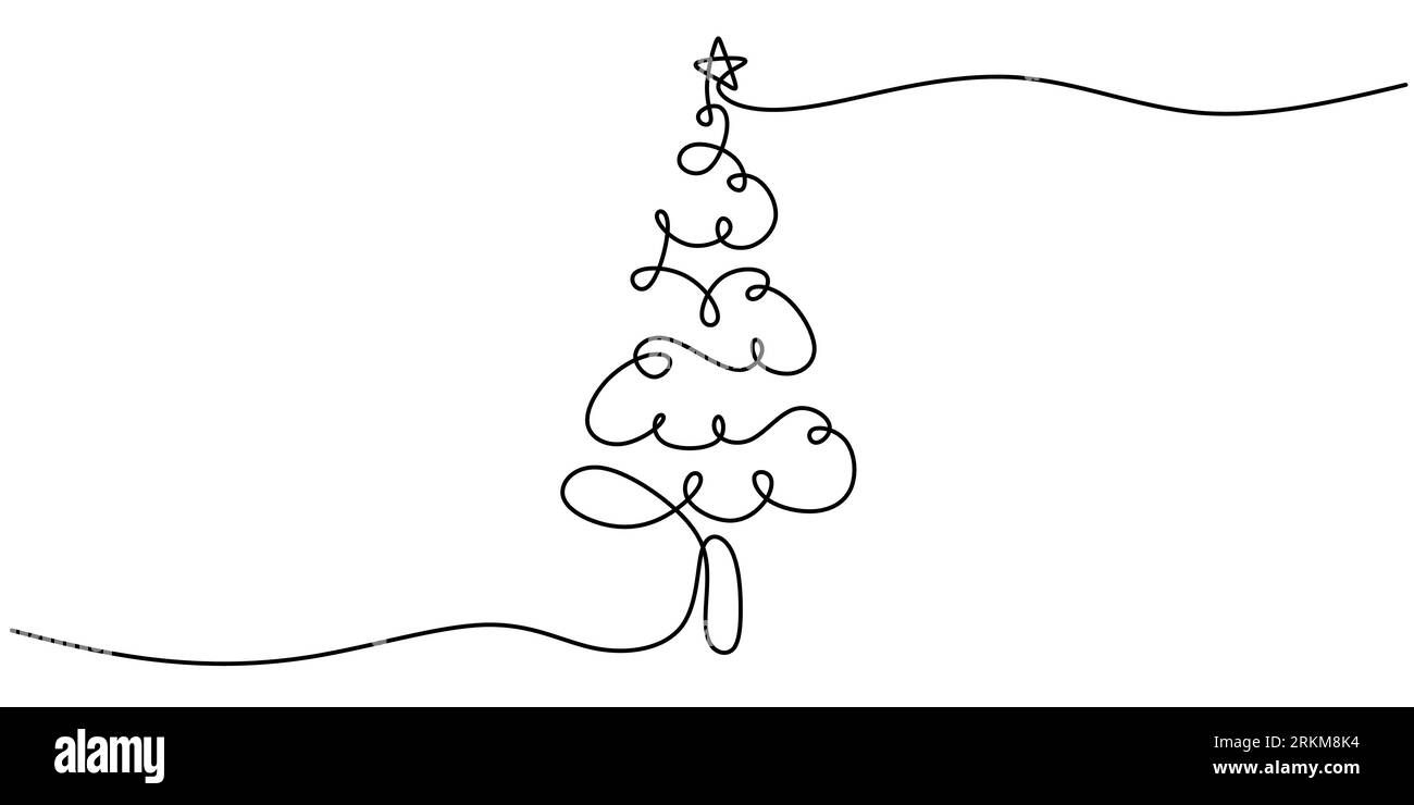 Continuous one single line of pine fir christmas isolated on white ...