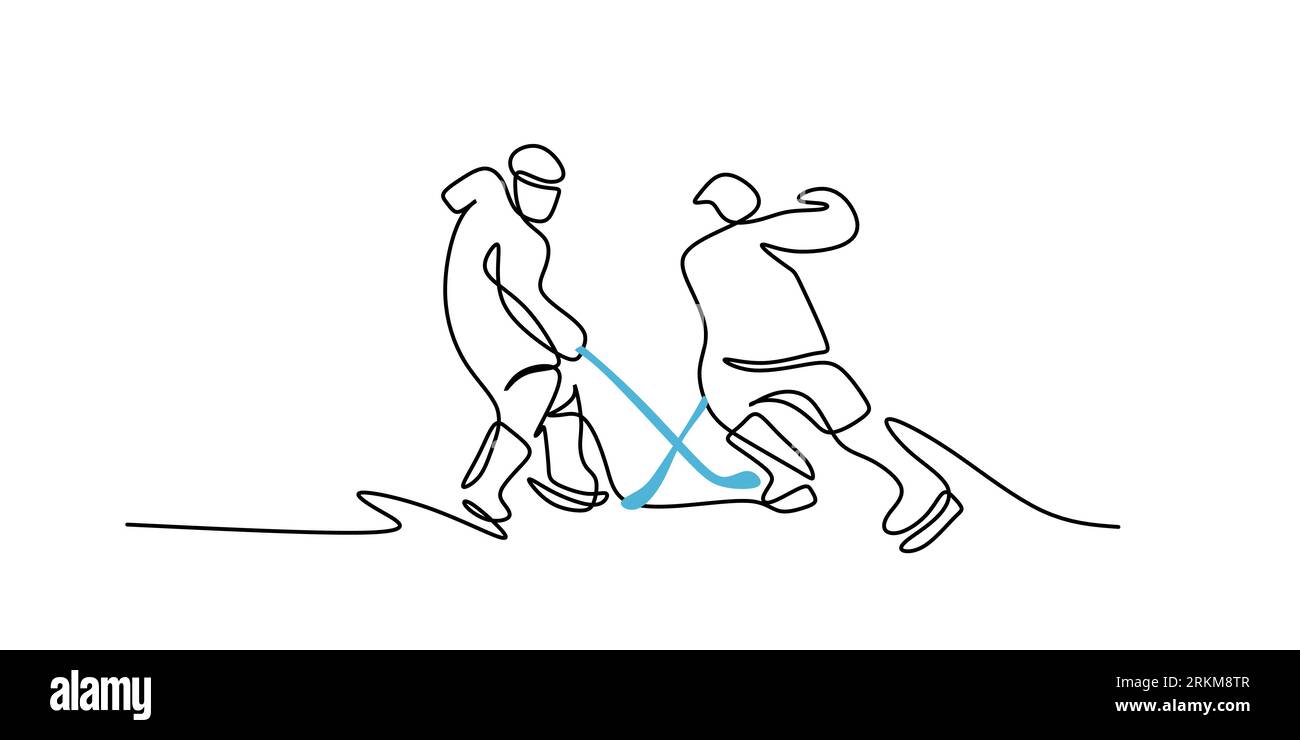 Continuous one single line of teenagers playing hokey isolated on white ...