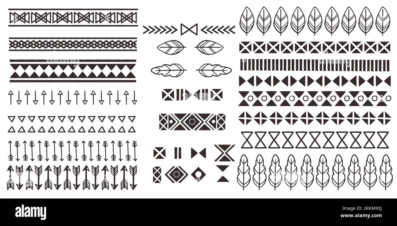 Set of hand drawn geometric african tribal symbols isolated on white ...