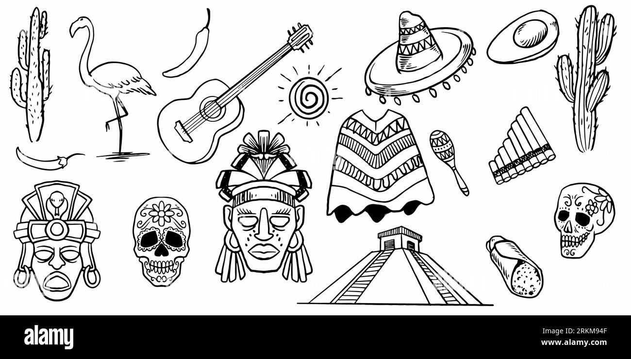 Set of hand drawn mexican ancient symbol isolated on white background ...