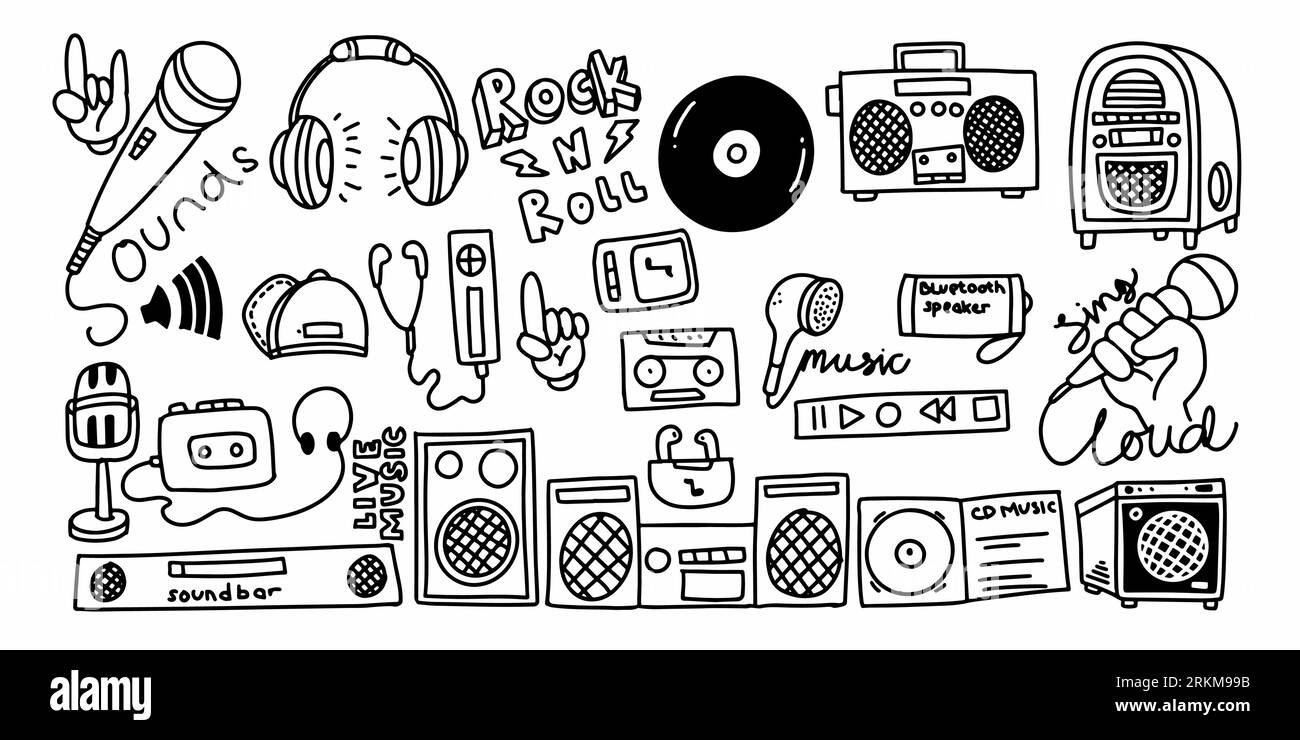 Set of modern music elements in childish doodle hand drawn style ...
