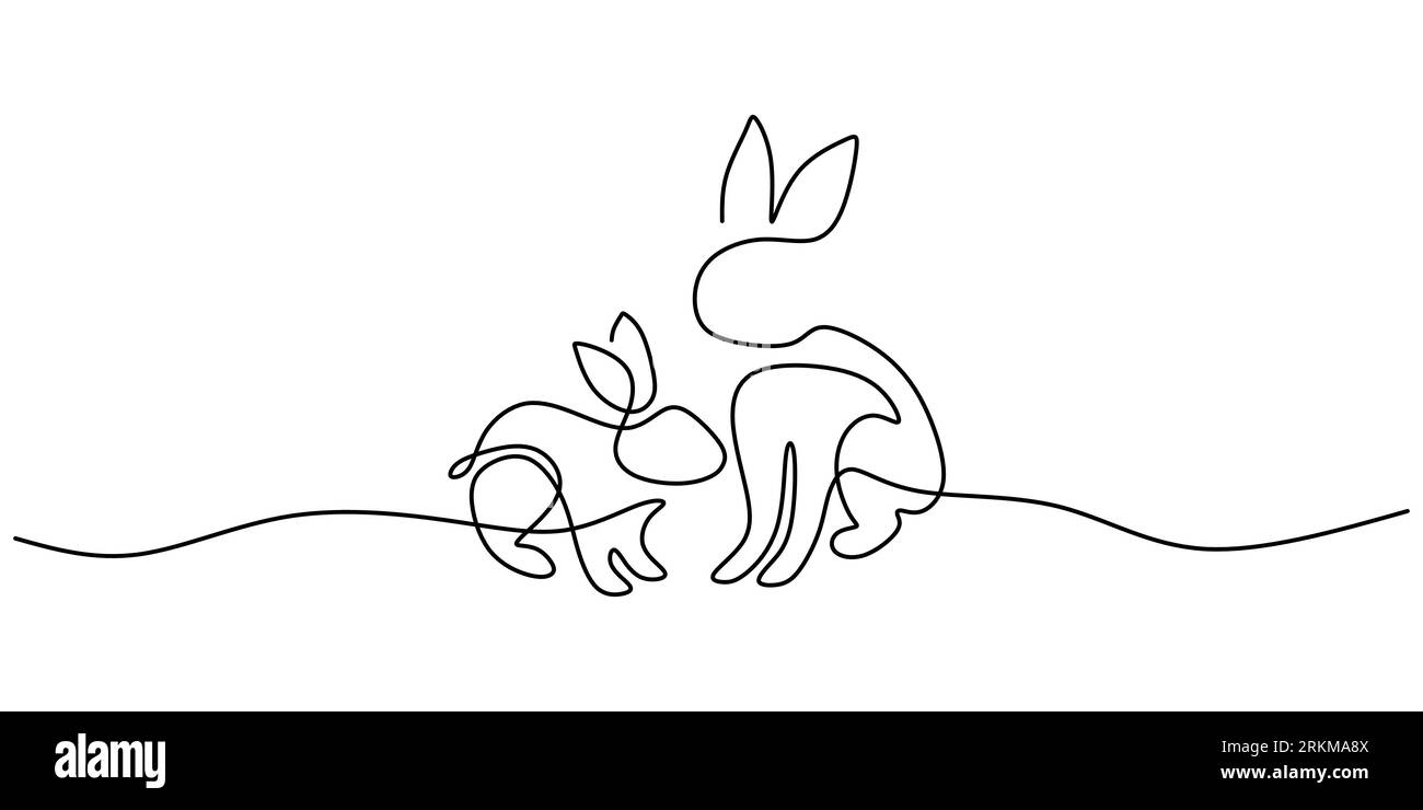 Continuous one single line of two cute rabbits isolated on white ...