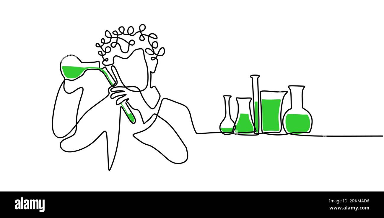 Continuous one single line of nerd scientist doing experiment isolated ...