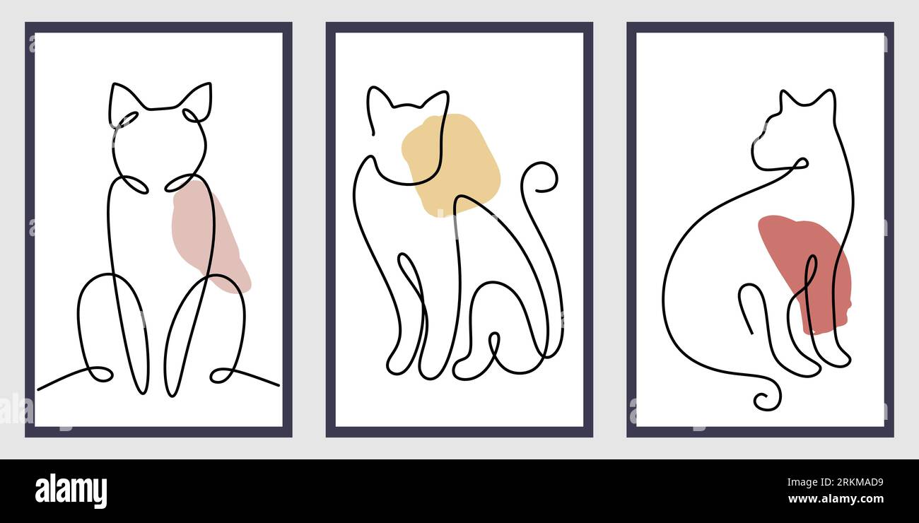 Continuous one single line of three cute cats in surreal style isolated ...