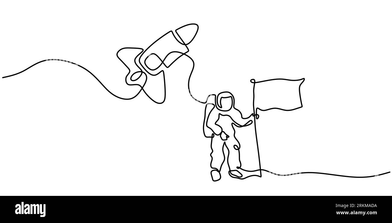 Continuous one single line of astronaut flying to the space with rocket ...