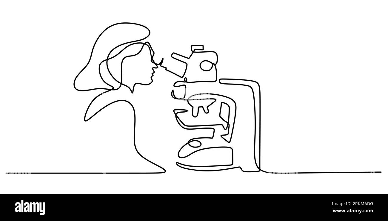 Continuous One Single Line Of Woman Scientist Using Microscope Isolated On White Background