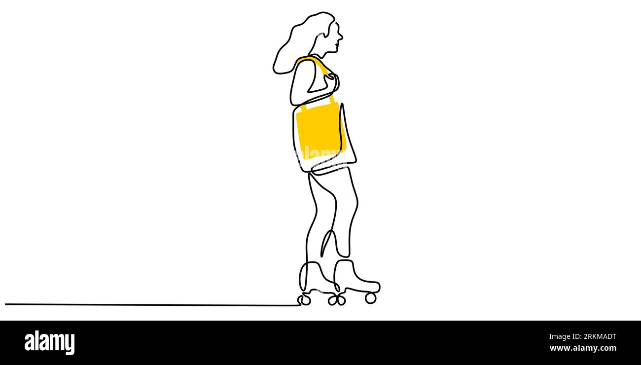 Continuous one single line of girl playing skates isolated on white ...