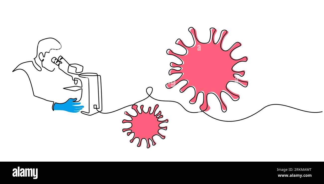 Continuous one single line of scientist doing experiment on corona ...