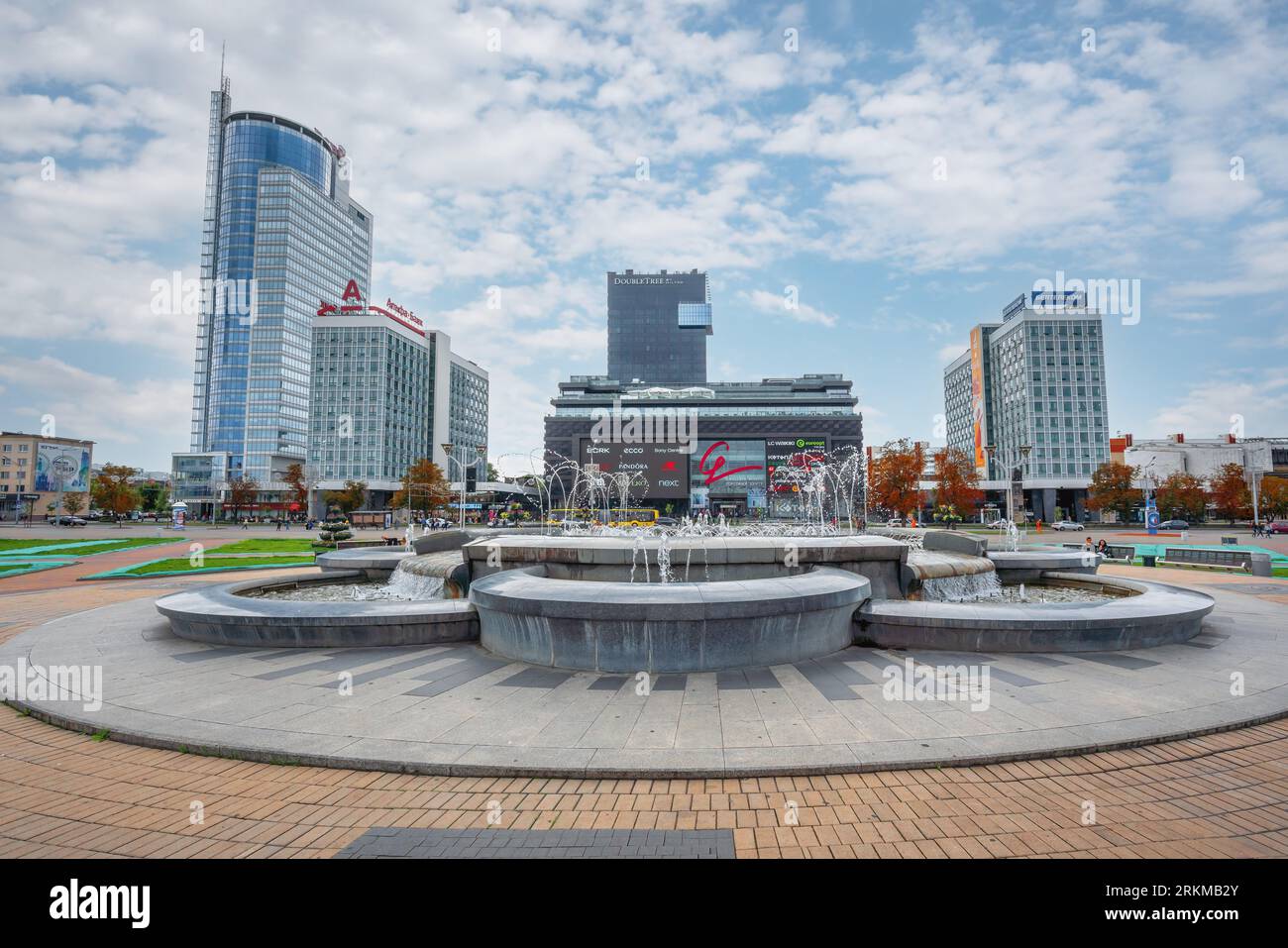 Pobeditelei Avenue with Minsk Financial District Modern Buildings and ...