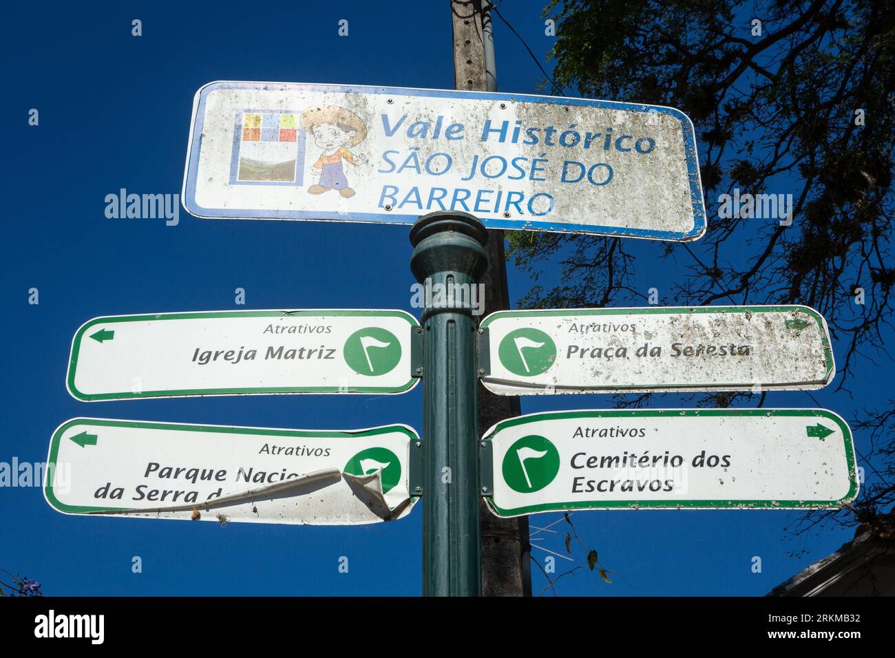 Historic valley sign of tourist attractions in the village square on a ...