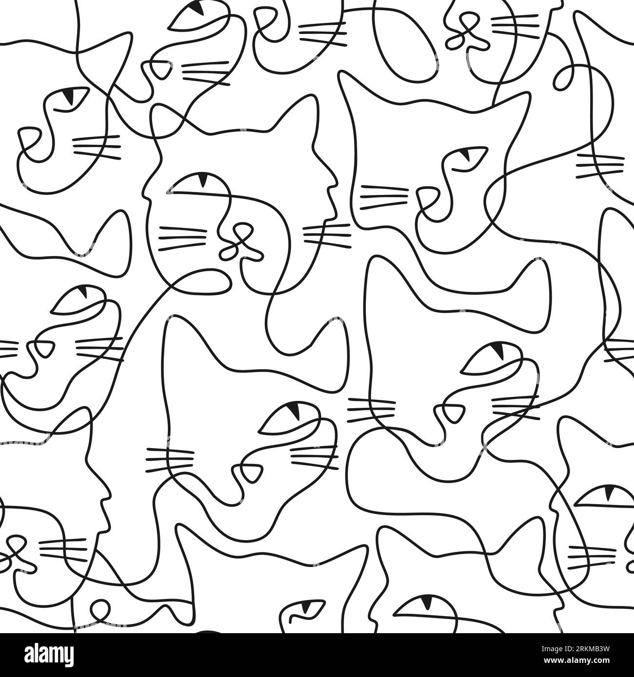 Continuous one single line of cute cat faces seamless pattern isolated ...