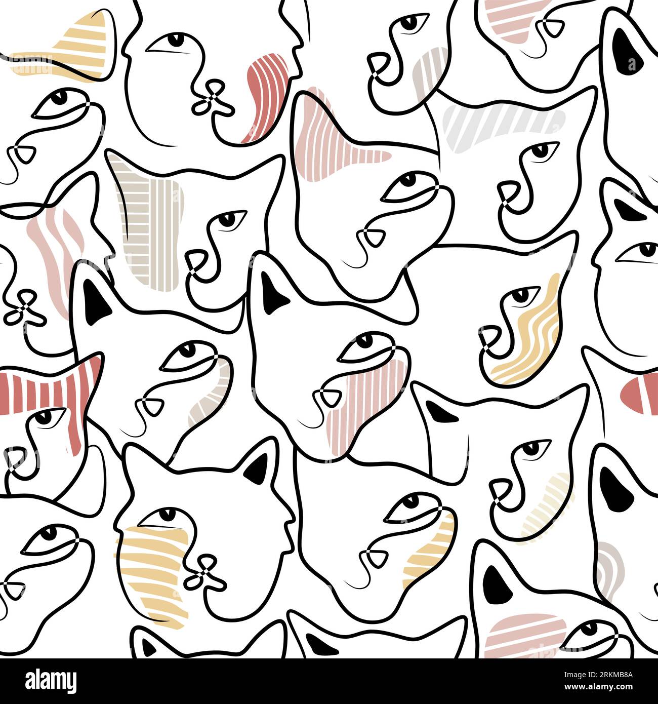 Continuous one single line of cute cat faces seamless pattern isolated ...