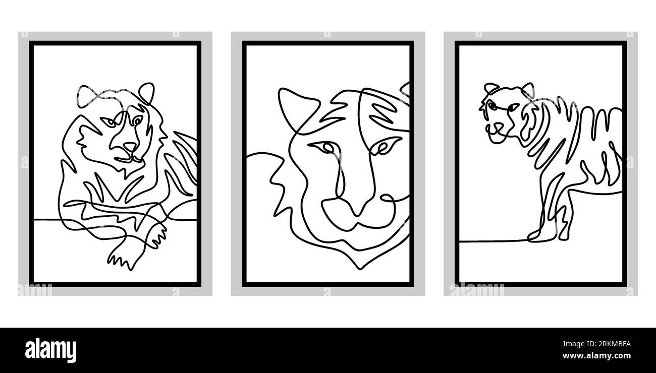 Continuous one line of three surreal tiger posters Stock Vector Image ...