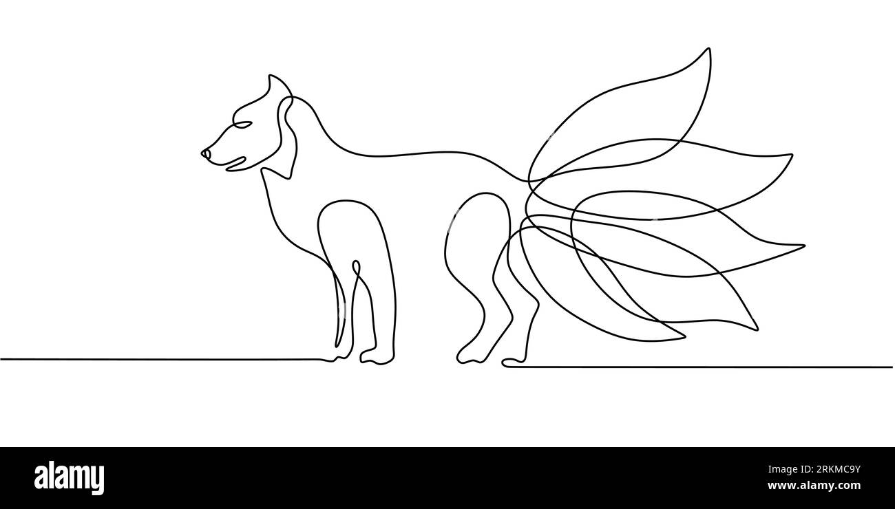 Continuous one line of nine tailed fox isolated on white background ...