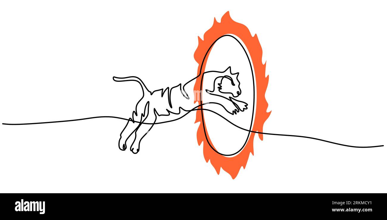 Continuous one single line of big tiger jumping through fire circle ...