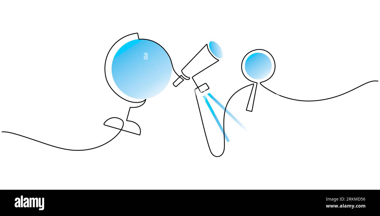 Continuous one single line of globe, telescope and magnifying glass ...