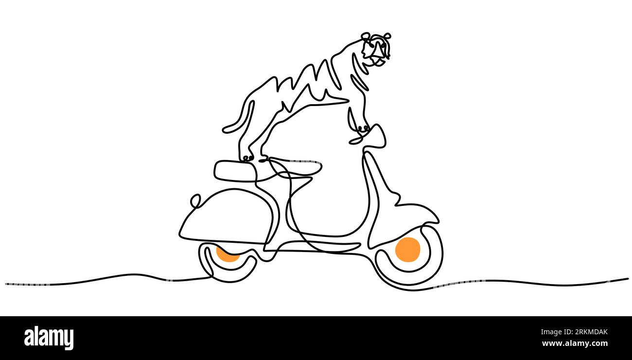 Continuous one single line of tiger riding classic vespa motorcycle ...