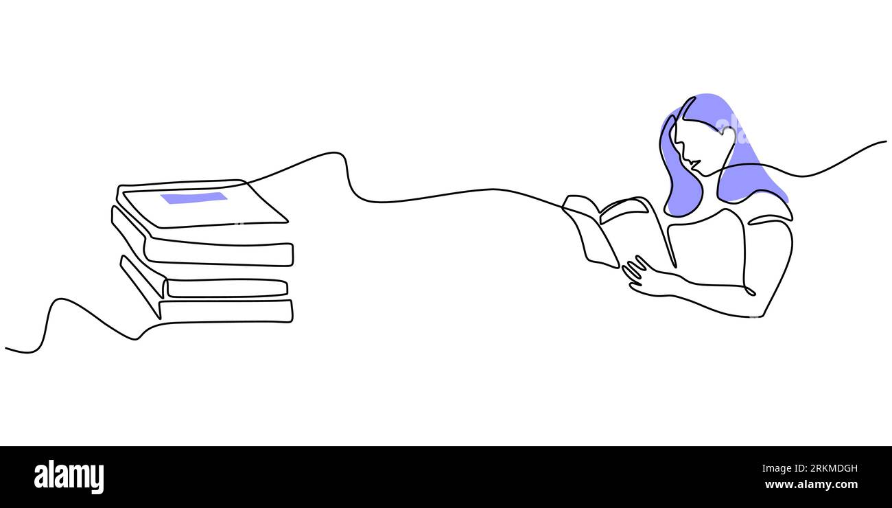 Continuous one single line of girl reading book isolated on white ...