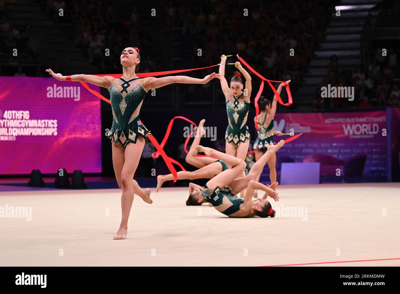 Valencia, Spain. 25th Aug, 2023. Team Greece 3 ribbons 2 balls during Rhythmic Gymnastic - World ...