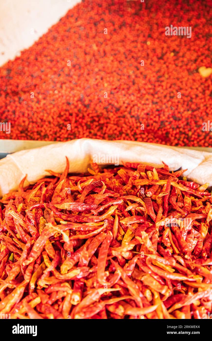 Cairo, Egypt, Africa. Red chili peppers for sale at an outdoor market ...