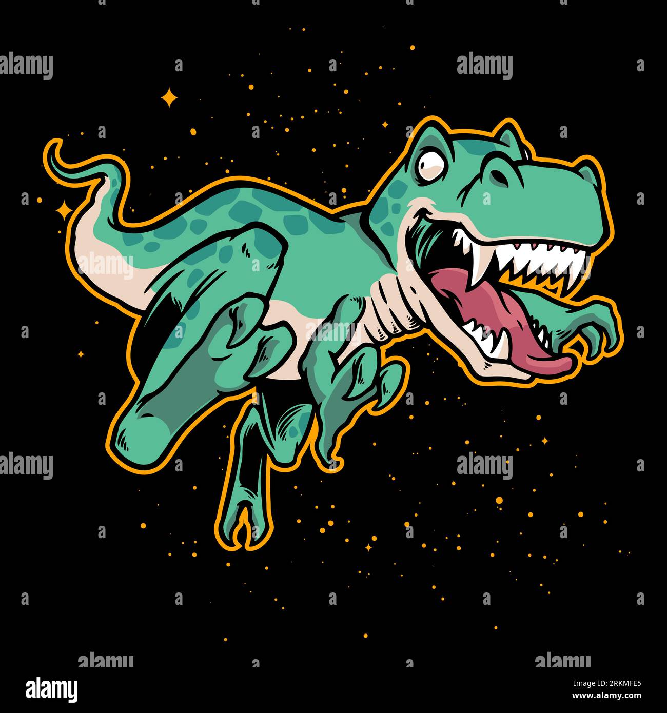 Hand drawn illustration of dinosaurs flying on outer space in green and ...