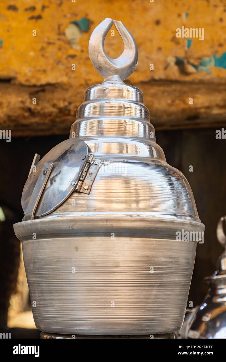 Africa, Egypt, Cairo. Metal drink urns for sale at an outdoor market ...