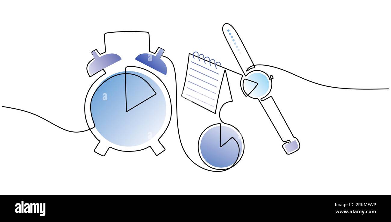 Continuous one single line of alarm clock, watch and calender isolated ...