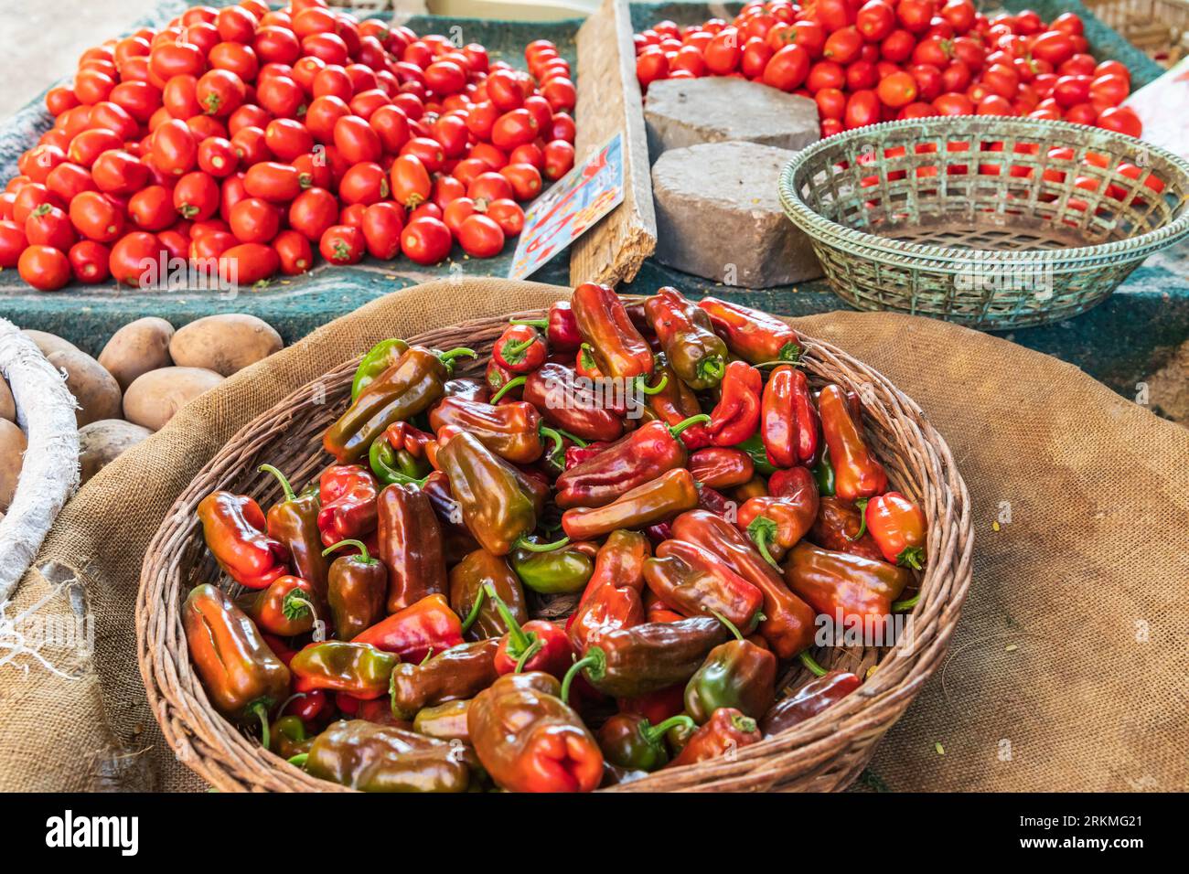 Cairo, Egypt, Africa. Chili peppers and tomotoes for sale at an outdoor ...