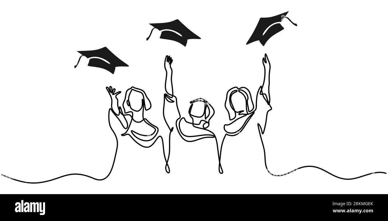 Continuous one single line of three students throw their graduation hat ...