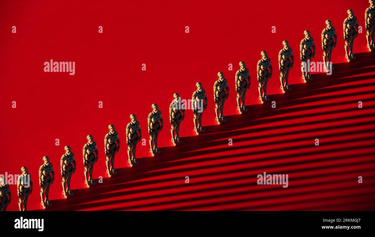Many AI smart futuristic humanoid cyborg robots standing in a row on a red background. 3D ...