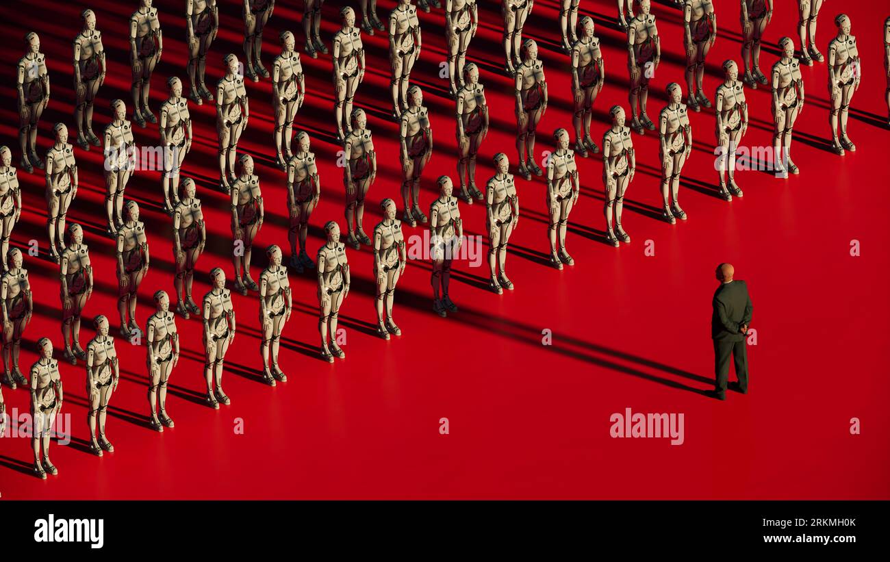 Army of AI smart futuristic humanoid cyborg robots standing in a row on a red background. 3D ...