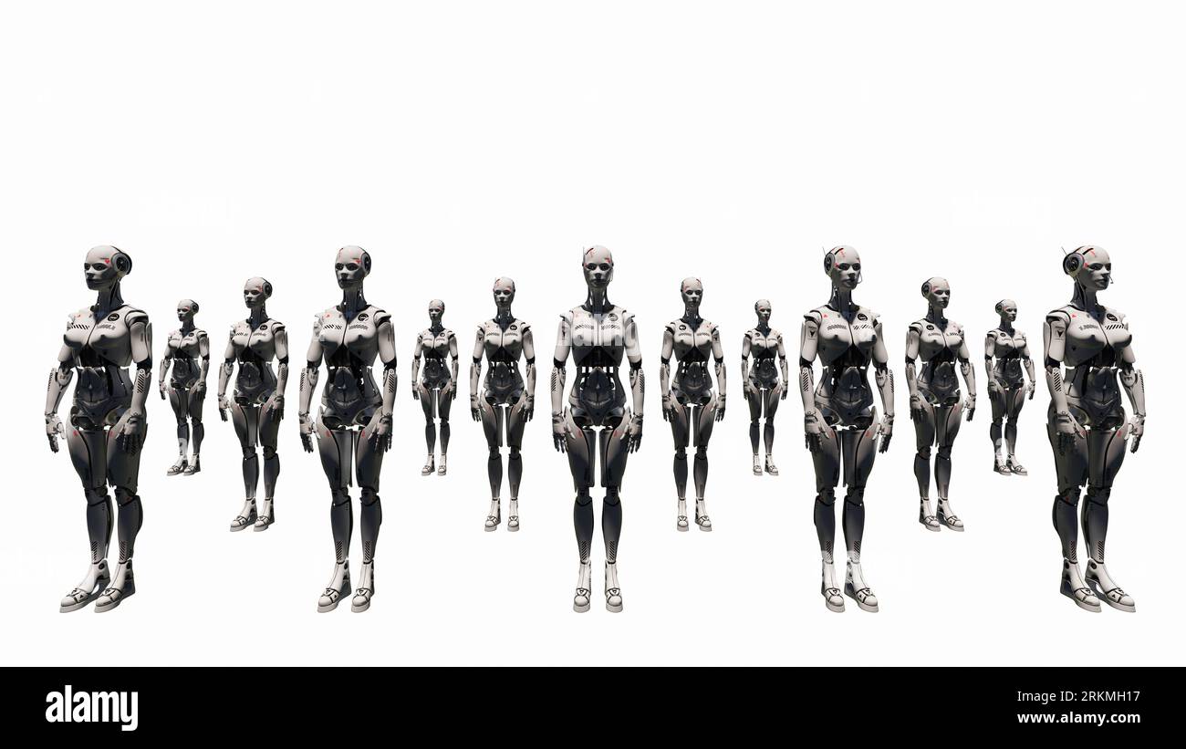 Many Ai Smart Futuristic Humanoid Cyborg Robots Standing In A Row On A
